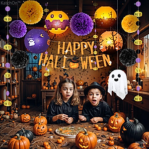KatchOn, Happy Halloween Decorations - Pack of 14 | Halloween Pompom, Halloween Party Decorations | Halloween Lanterns, Hanging Halloween Decorations | Purple and Black Halloween Theme Party Supplies