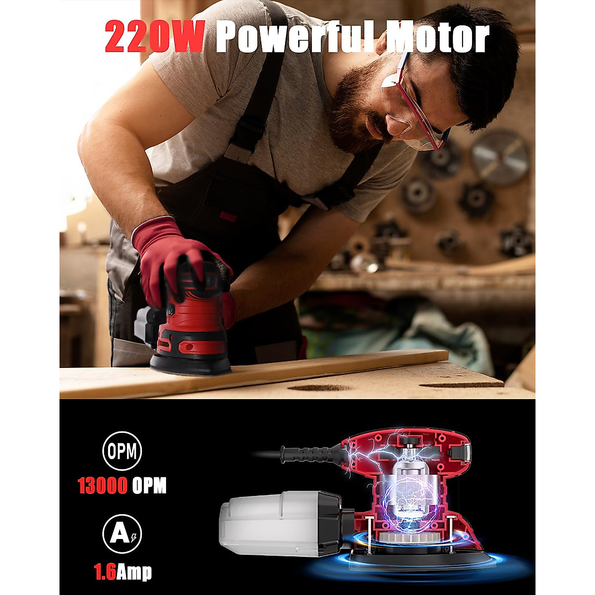 Detail Sander, 13,000 OPM Hand Electric Sander with 20PCS Sanderpapers, 220W Compact Power Sander Includes Dust Collector, for Woodworking Sanding, Polishing