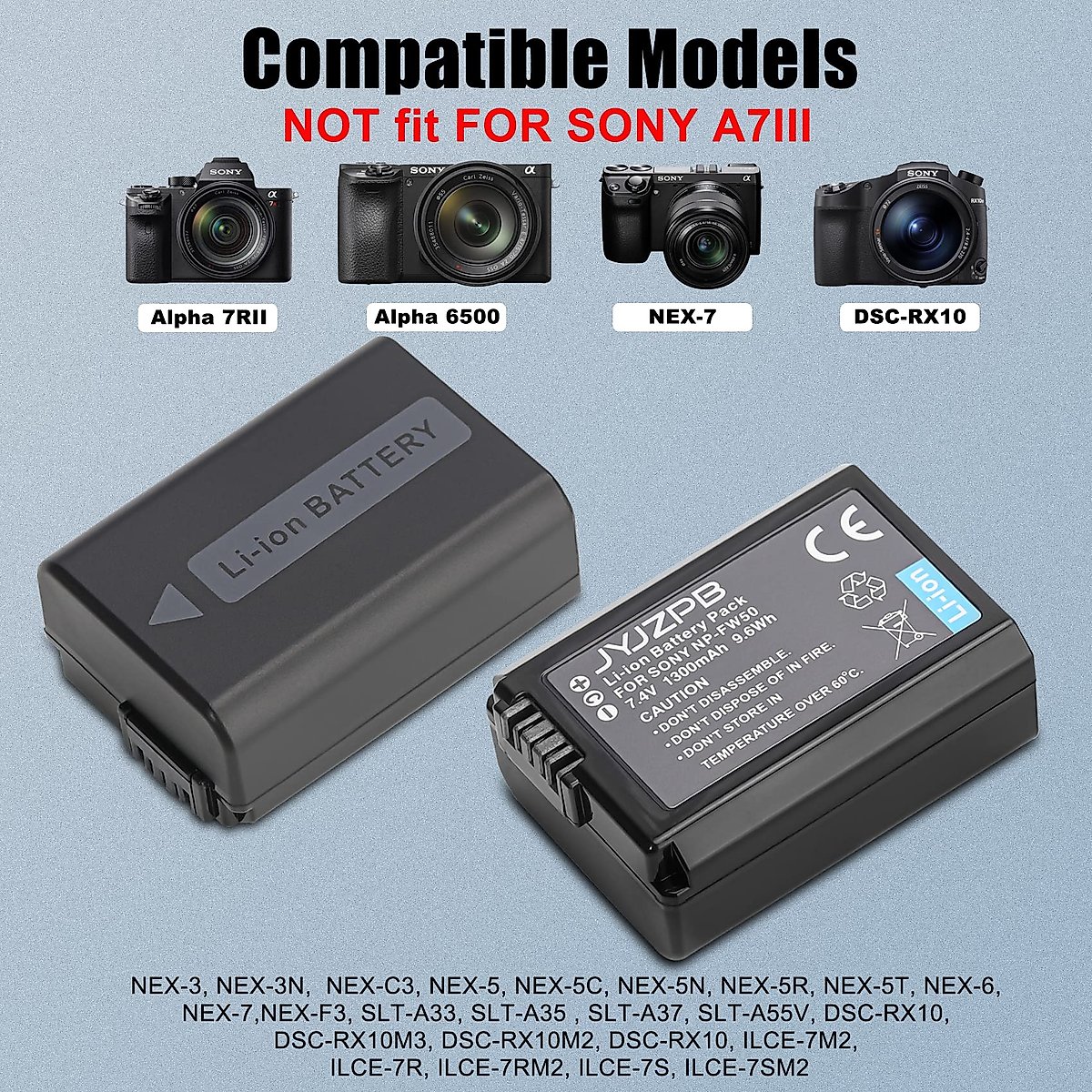 JYJZPB NP-FW50 Replacement Battery Charger Set Dual Channel Compatible for Sony Alpha A6000 A6400 A6500 A6300 A6100 ZV-E10 A7 A7II A7RII A7SII A7S A7S2 A7R A7R2 A5100, Camera Batteries Charger Case