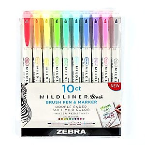 Zebra Pen Mildliner Brush Marker, Double Ended Brush and Fine Tip Pen, Assorted Soft Colors, 10 Pack