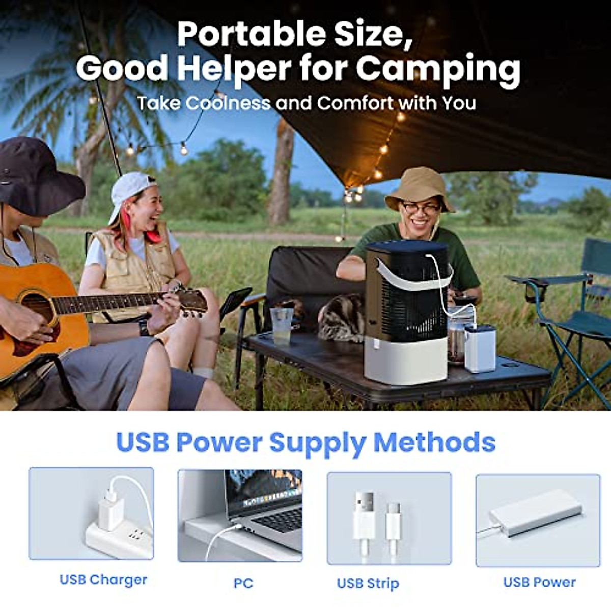 Portable Air Conditioners Fan - Mini AC & Air Cooler Fan with 2 Cool Mist & 3 Speeds, 7 Night Light & Timer - Personal Table Air Conditioners Fan with Humidifier for Office, RV, Camping, Dorm Room