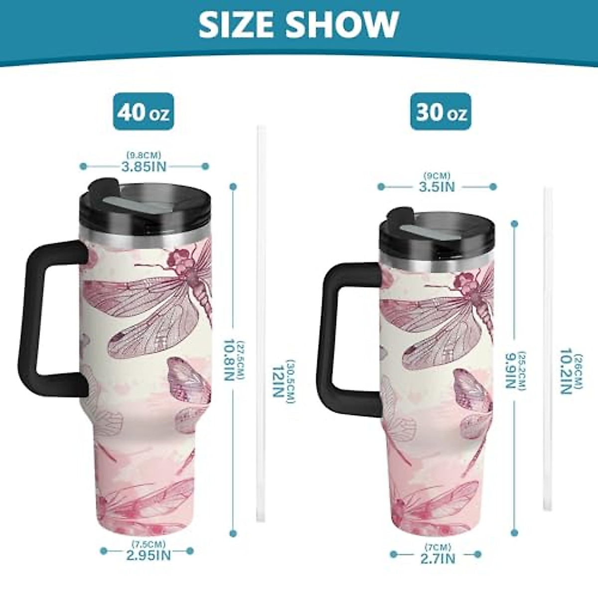 FRCSDIY Beautiful Dragonfly Insulated Tumbler with Handle and Straw Lid,40oz Leakproof Stainless Steel Cup BPA-Free Water Bottle