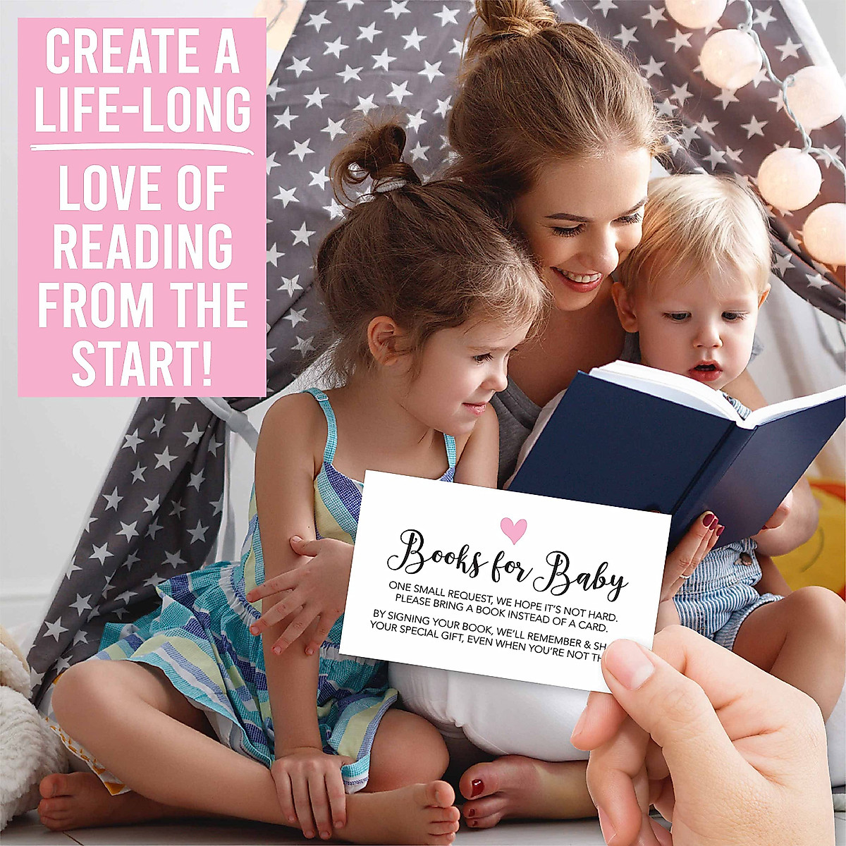 Hadley Designs 25 Books For Baby Shower Request Cards - Pink Baby Shower Invitation Inserts, Guest Book Alternative, Bring A Book Instead Of A Card, Baby Shower Book Request For Girls