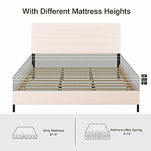 Furnihome King Bed Frame, Modern Upholstered Bed Frame King with Adjustable Linen Headboard, Wooden Slats Support Platform King Size Bed Frame, No Box Spring Needed,Easy Assembly,Beige
