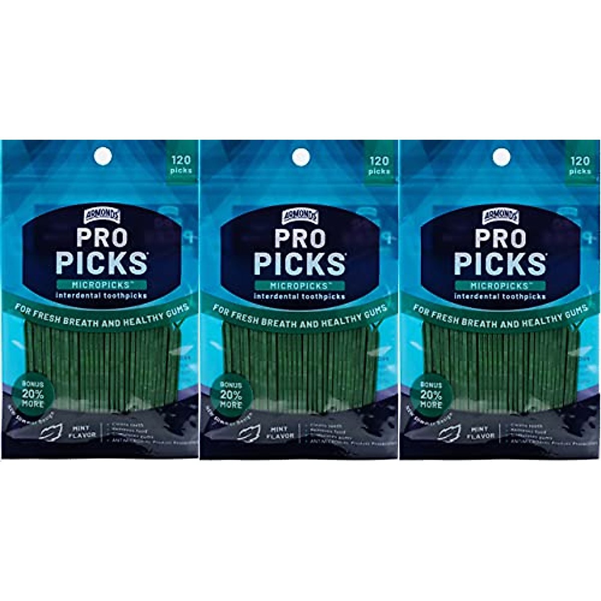 Armonds ProPicks MicroPick Dental Picks for Teeth Cleaning with Zinc Oxide - Disposable Plastic Toothpicks for Teeth & Gums - Protects Teeth & Massages Gums - 3 Packages x 120 Plastic Dental Picks