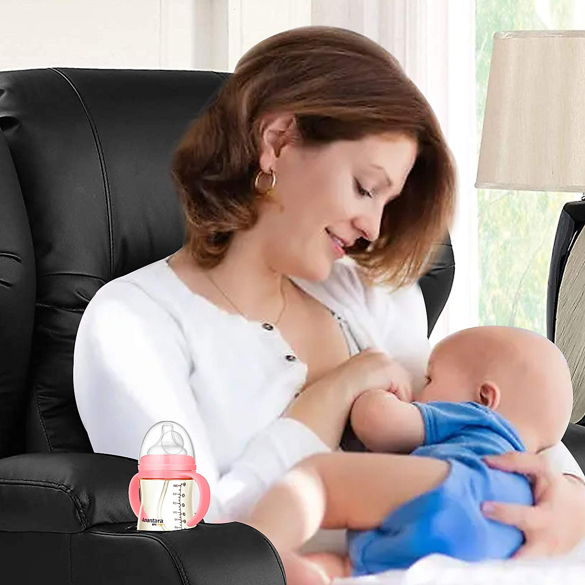 URRED Nursery Rocking Chair Glider, Swivel Rocker Recliner Chairs, Glider Rocker Nursery Recliner with Cup Holders, Side Pockets, Manual Recliner, Faux Leather (Black)