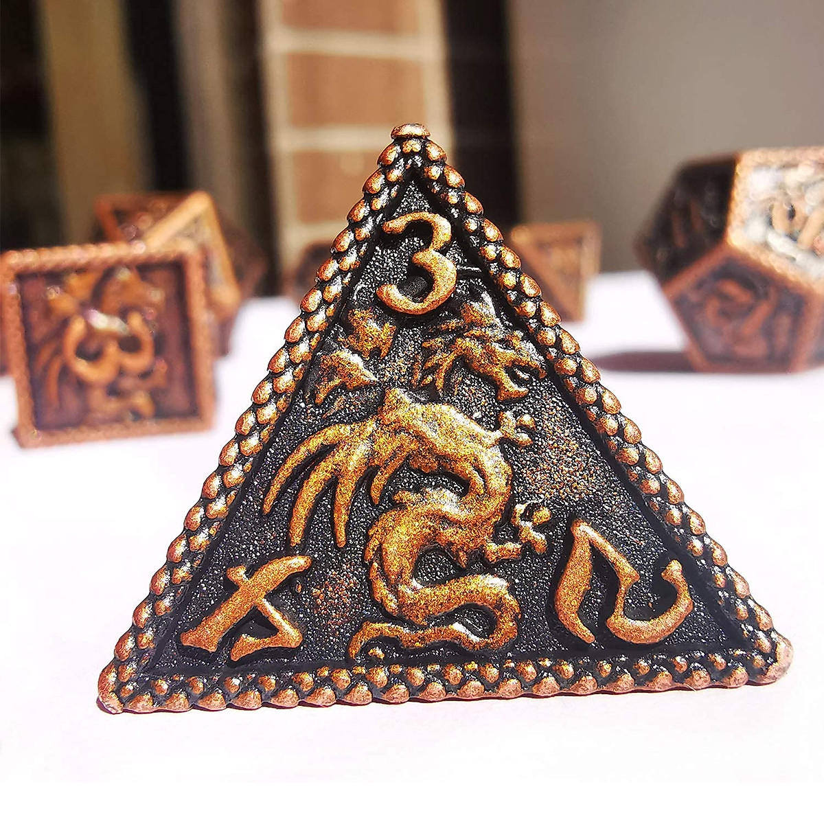 MJDICEOK Dragon Metal DND Dice Set 7 Role Playing Dice Solid D&D Dice Red Copper