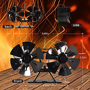 Holldoor 12-Blade Fireplace Fan, Non-Electric, Wood Stove Fan, Heat-Powered, Black, Aluminum, Tabletop, Painted, 1 Pound, Magnetic Thermometer, Indoor Use, Air Circulation, Wood Stove Compatible