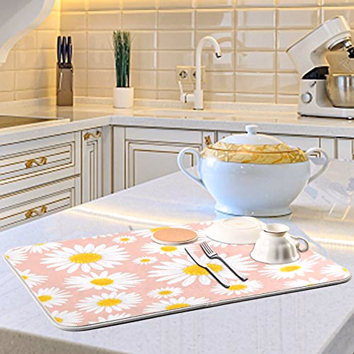 Flower Daisy Print Dish Drying Mat 16"x18" Absorbent Machine Washable Hanging Fast Dry Pad Dish Protective Mat for Kitchen Countertop Heat Resistant Dinner Table Mat