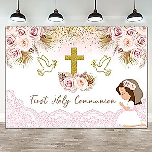 Wollmix 1st First Communion Baptism Decorations Backdrop 7x5ft God Bless Holy Communion Banner Christening Gold Dots Pink Boho Floral Doves Photography Background Baby Shower Banner Photo Booth Props