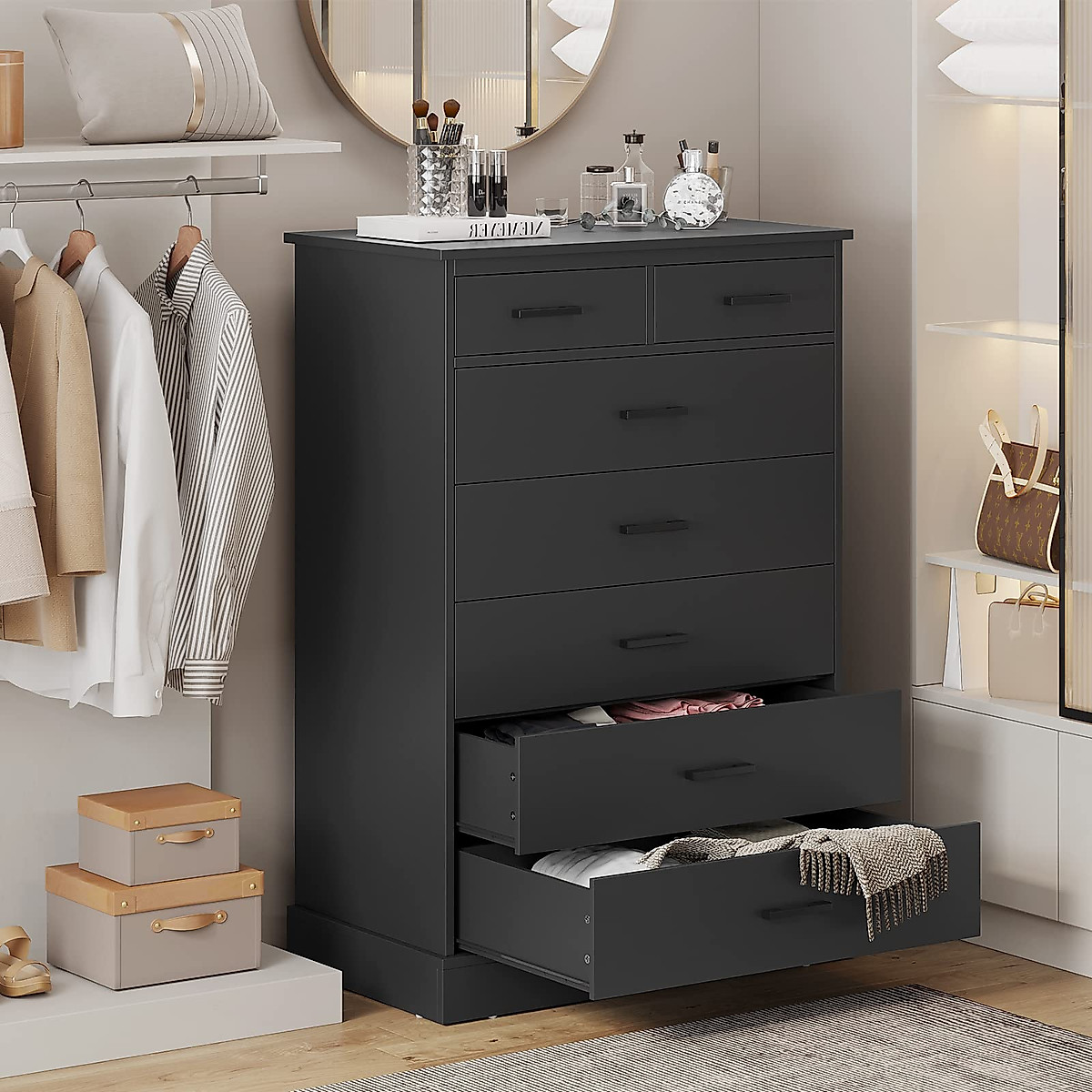Hasuit Black Dresser for Bedroom, Tall 7 Drawer Dresser with Sturdy Base, Wood Storage Tower Clothes Organizer, Large Storage Cabinet, Chest of 7 Drawers for Closet, Living Room, Hallway
