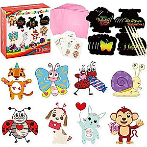 Valentines Cards for Kids 32Pack with Scratch Paper, Wooden Stylus, Envelopes, Temporary Tattoos, Rainbow Scratch Art Kids Valentines Cards Valentines Gifts for Boys Girls Classroom School Exchange