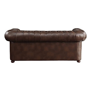 Pemberly Row Chesterfield Tufted Faux Leather Sofa, 3 Seater Antique Roll Arm Sofa Couch for Home Living Room, Dark Cognac Brown