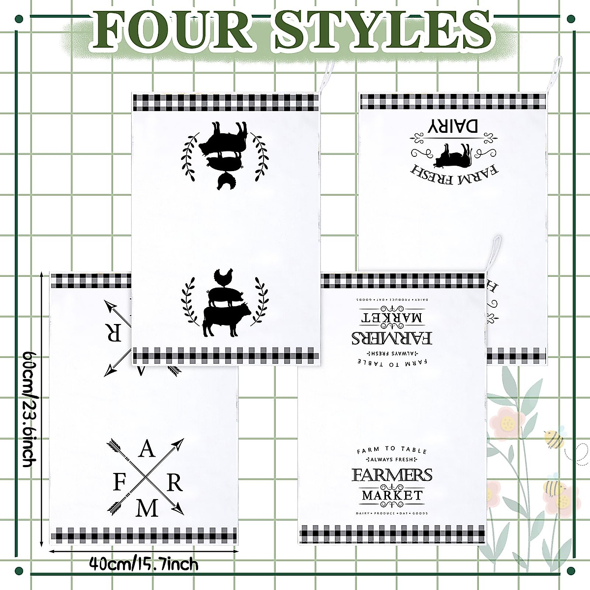 Geyoga 4 Pcs Farm Chicken Kitchen Towels Farmhouse Vintage Buffalo Plaids Dish Towel Rustic Rooster Pig Cow Cloths Hand Towels 16 x 24 Inch Tea Towel for Christmas Bathroom (White, Black,Farm)