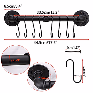 Sumnacon 16 Inch Industrial Pipe Pan Pot Rack with 8-Hooks, Wall Mounted Metal Rail Kitchen Utensil Pot Pan Lid Storage Organizer/Cookware Holder with Hardwares