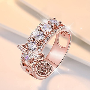 Women Statement Wedding Band Rings Finger Chain Heart Shape Gemstone Engagement Eternity- Punk Cocktail Stacking Promise Anniversary Ring Bridal Band Rings Girl Jewelry Gift size 5-12 (Rose Gold, 11)