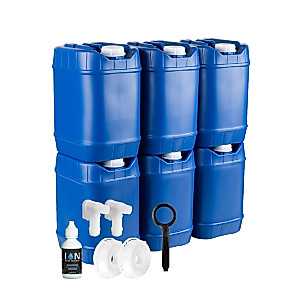 Saratoga Farms 5-Gallon Stackable Water Storage Containers with Lids, Emergency Water Storage Kit Including Spigots, Wrench, and Water Preserver, 30 Gallons