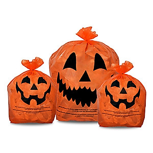 KINREX Halloween Leaf Bags Pumpkin Plastic Lawn and Leaf Bags Decoration - Outdoor Fall Trash Bag Decor - Orange Jack O Lantern - Pack of 3 with Twist Ties