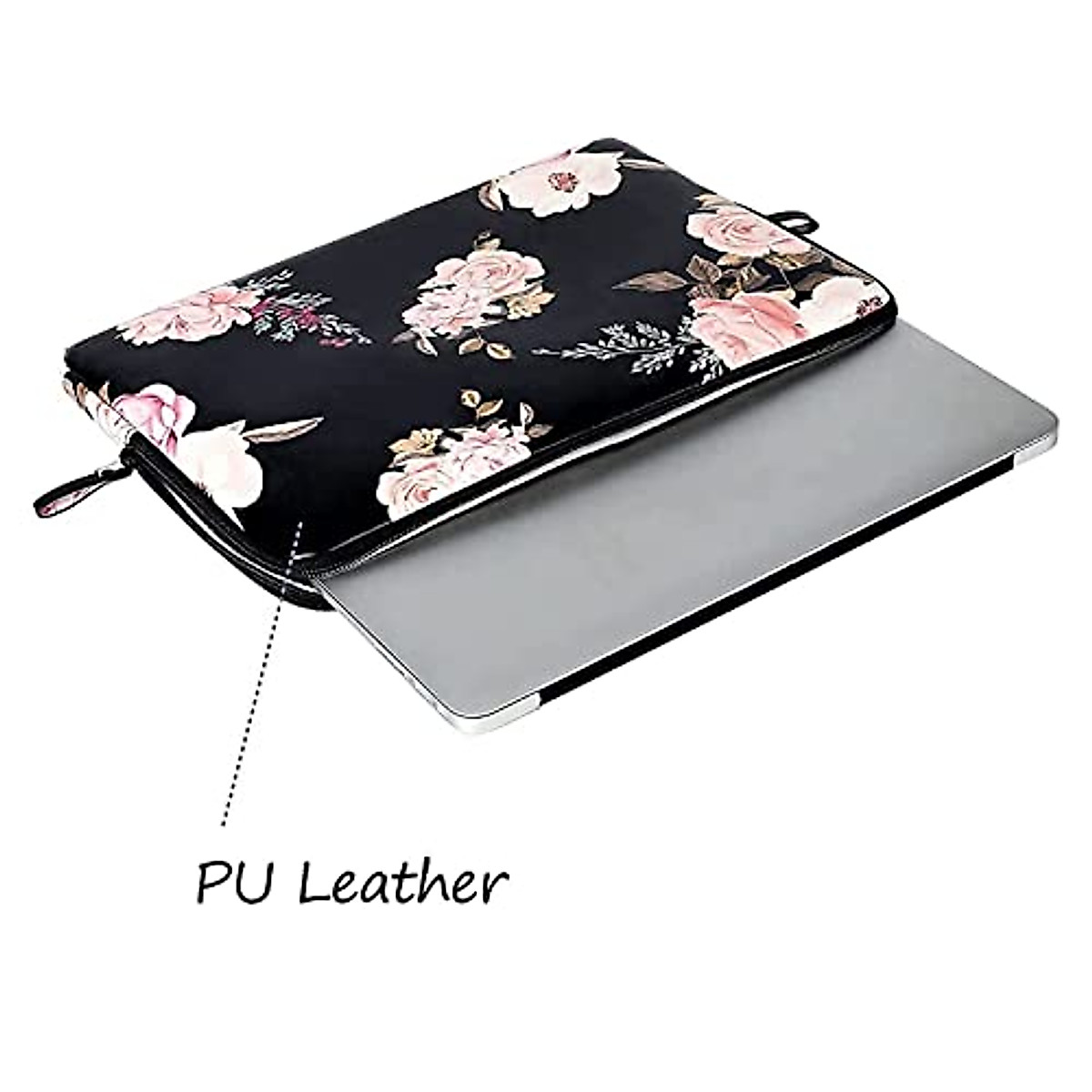 MOSISO Laptop Sleeve Bag Compatible with MacBook Air/Pro,13-13.3 inch Notebook,Compatible with MacBook Pro 14 inch 2023-2021 M2 A2779 A2442 M1, Peony PU Leather Padded Bag Waterproof Case, Black