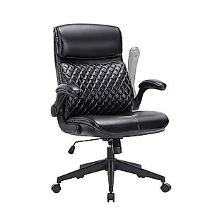 COLAMY Ergonomic Office Chair, Executive Desk Chair, Leather Office Chair with Padded Flip-up Arms, Adjustable Height Swivel Rolling Work Chair-Black
