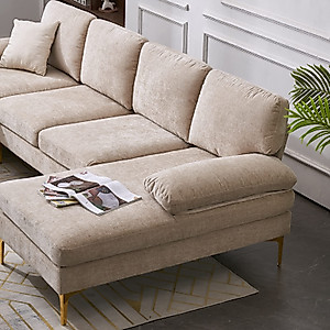 POULEII Sectional Sofa,Modern U-Shape Modular Sectional Sofa Sleeper Couch with Chenille Fabric and Gold-Plated Feet for Living Room, Apartment, Office,Camel