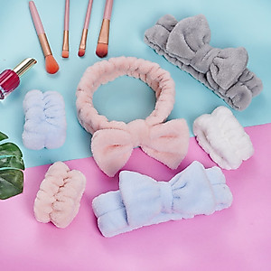 hoyuwak 12Pcs Headbands Wristbands Set for Washing Face, Knotted Spa Head Bands Wrist Towels Skincare Hair Bands Arm Bands for Womens Girls Makeup Facial Bath(White, Pink, Blue, Gray)