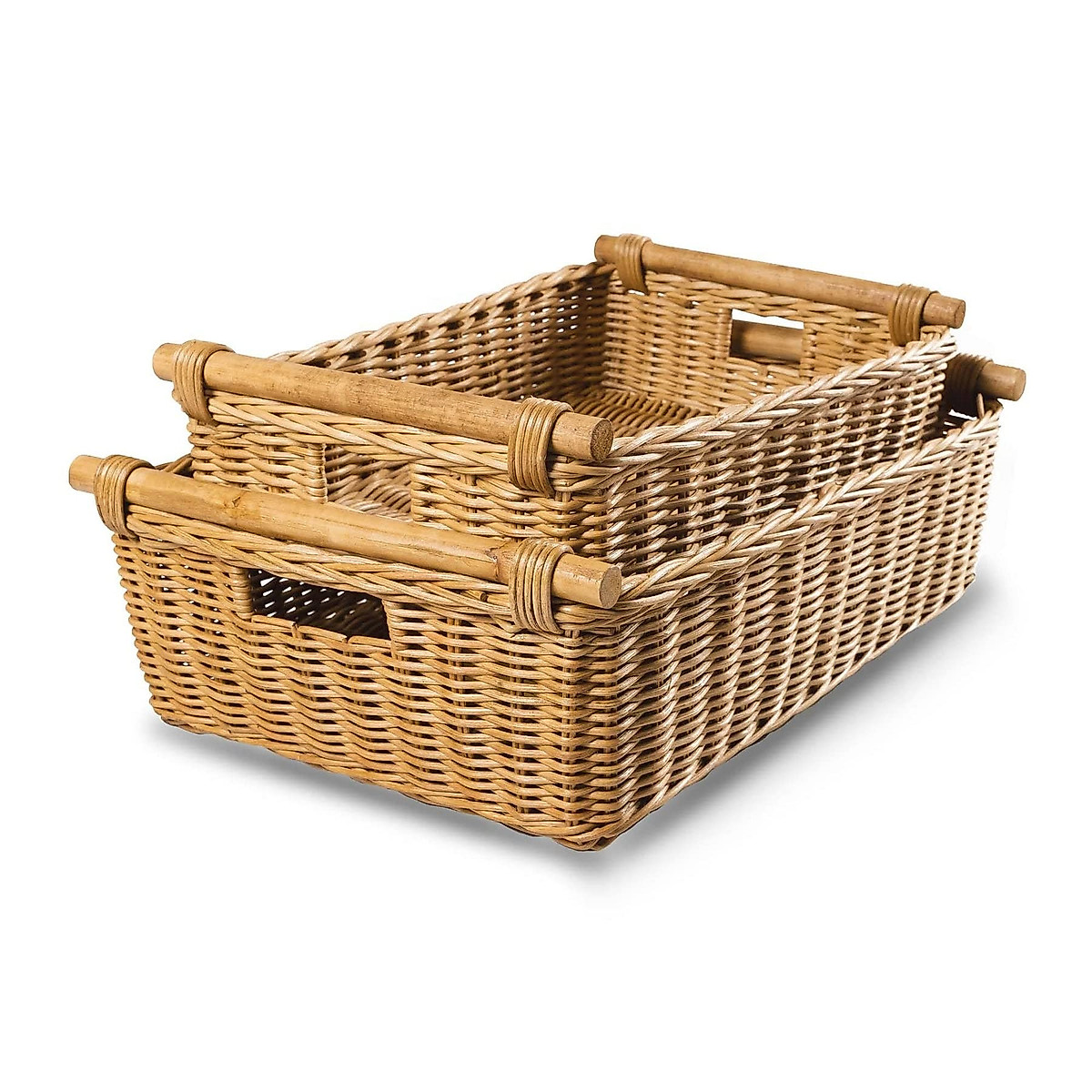 The Basket Lady Low Pole Handle Wicker Storage Basket, Extra Large, 21.5 in L x 14.5 in W x 6.5 in H, Sandstone