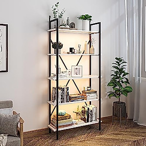 Vlsrka 5 Tier Bookshelf with 3 LED Lights, Industrial Bookshelf Tall Bookshelf Vintage Etagere Bookshelf Modern Bookcases Storage Organizer Open Display Shelves for Living Room Bedroom Home Kitchen