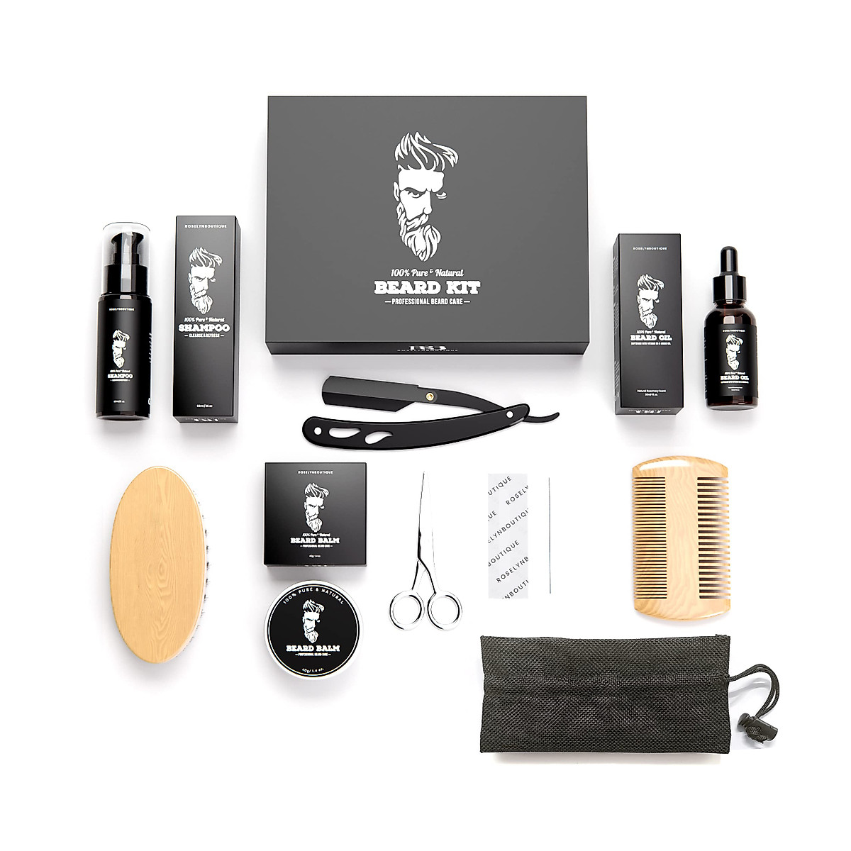 Beard Kit Brush Comb Scissors with Storage Bag Beard Growth Care Gifts for Men (Grooming Set)