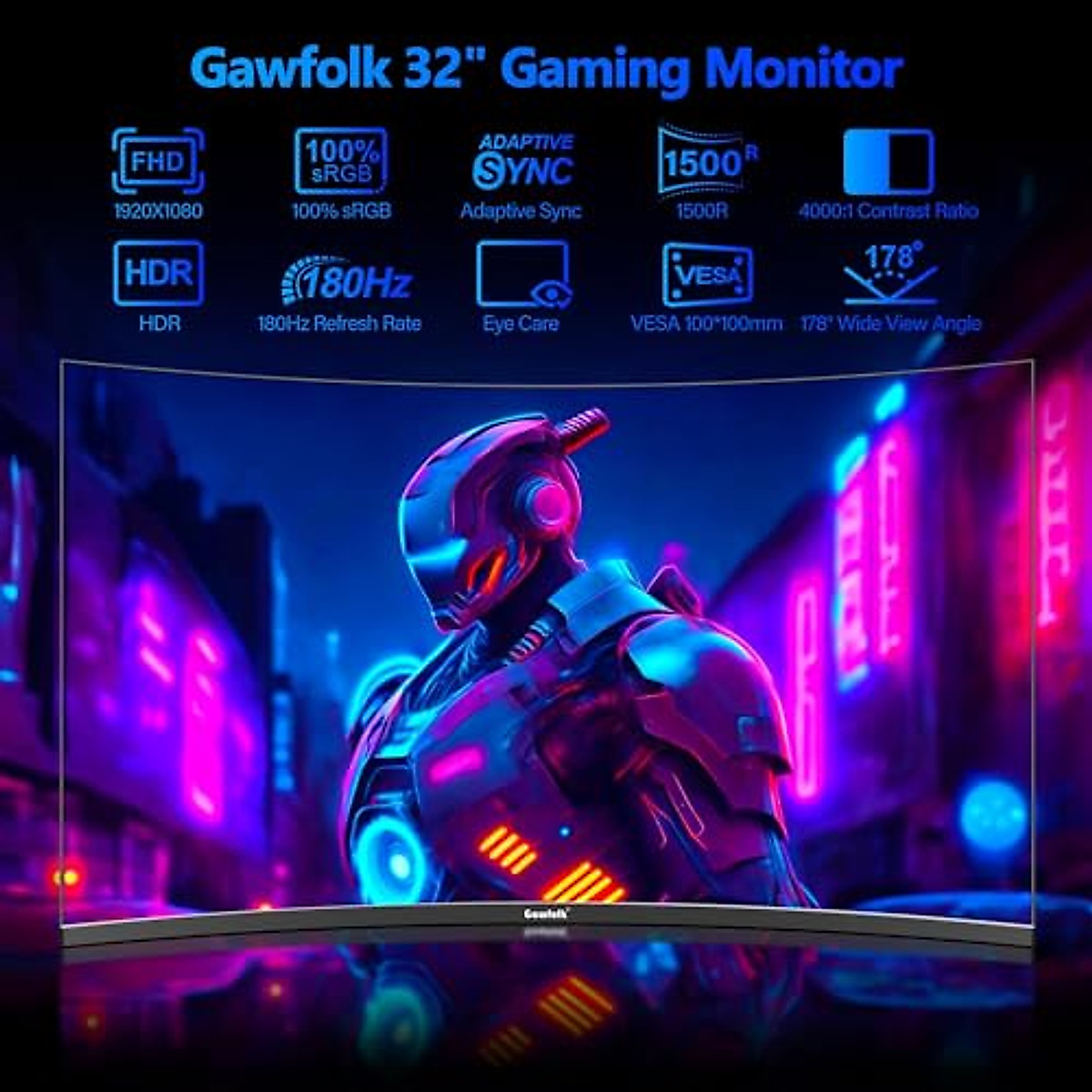 Gawfolk 32" Curved Computer Monitor, 144Hz 165Hz Gaming Display, Full HD 1080p Home Office Business PC Monitor, Ultra-Thin Zero Frame