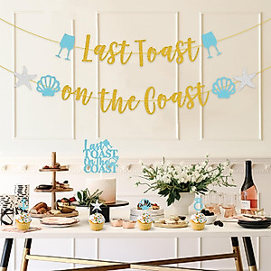 Last Toast on the Coast Bachelorette Decorations - Last Toast On The Coast Banner Cake Cupcake Toppers, Bachelorette Party Banner Garland Blue for Bridal Shower Decorations Party Supplies