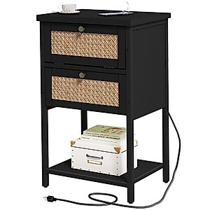 End Table with Charging Station, 2 Tier Rattan Decorated Nightstand with USB Ports and Outlets, Bedside Table with Drawer, Black Modern Sofa Side Table for Bedroom, Living Room, Office