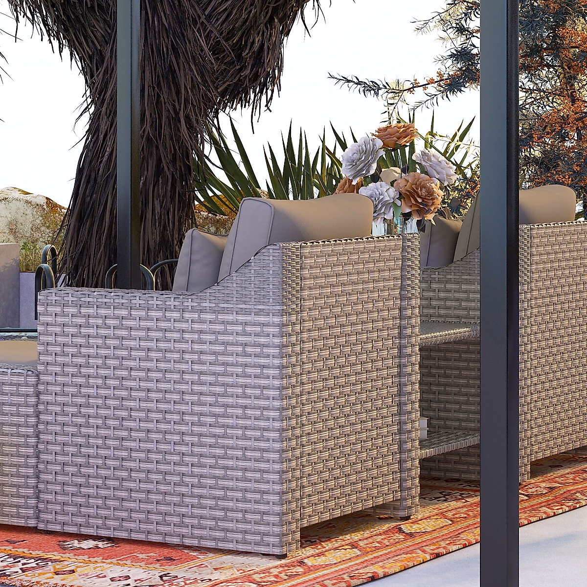 Outsunny 5 Piece Patio Furniture Set, All Weather PE Rattan Conversation Chair, and Ottoman Set with Coffee Table, Cushions & Pillows Included for Balcony, Porch, Deck, Pool, Lawn, Gray