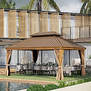 GAZEBEST 12'x16' Hardtop Gazebo Outdoor Aluminum Patio Gazebo Double Roof Galvanized Steel Gazebo Canopy Wooden Finish Coated with Netting and Curtains for Garden, Patio, Backyard, Deck and Lawns