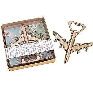 Youkwer 16 PCS Skeleton Airplane Bottle Opener with “OUR ADVENTURE BEGINS”Exquisite Packaging for Wedding Party Favors & Decorations (Dark Gold)