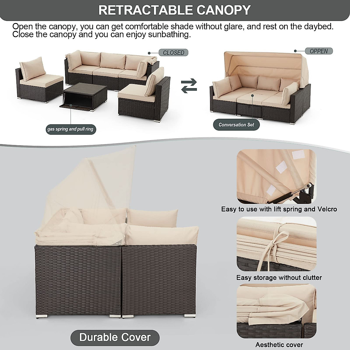 Vicluke 6 Pieces Patio Furniture Sets Outdoor Sectional Sofa Set Rattan Daybed with Retractable Canopy, Adjustable Backrest, Storable Tea Table Rectangle Sunbed for Backyard Garden Poolside(Khaki)