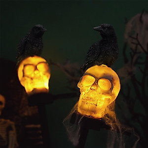 Retisee 2 Pcs Skull Halloween Lights Crow on Skull Solar Pathway Lights Outdoor Decorations Waterproof Scary Skeleton LED Lights for Patio Lawn Yard Garden Home,2 Styles