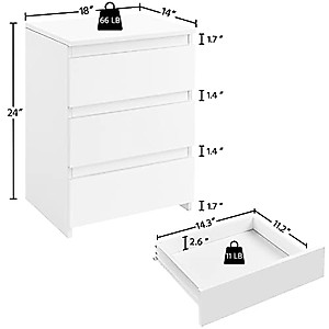 Yaheetech Nightstand with 3 Drawers, Wooden Bedside Table with Storage, Small Bedside Storage Cabinet Unit with Sturdy Base for Bedroom/Small Space, White