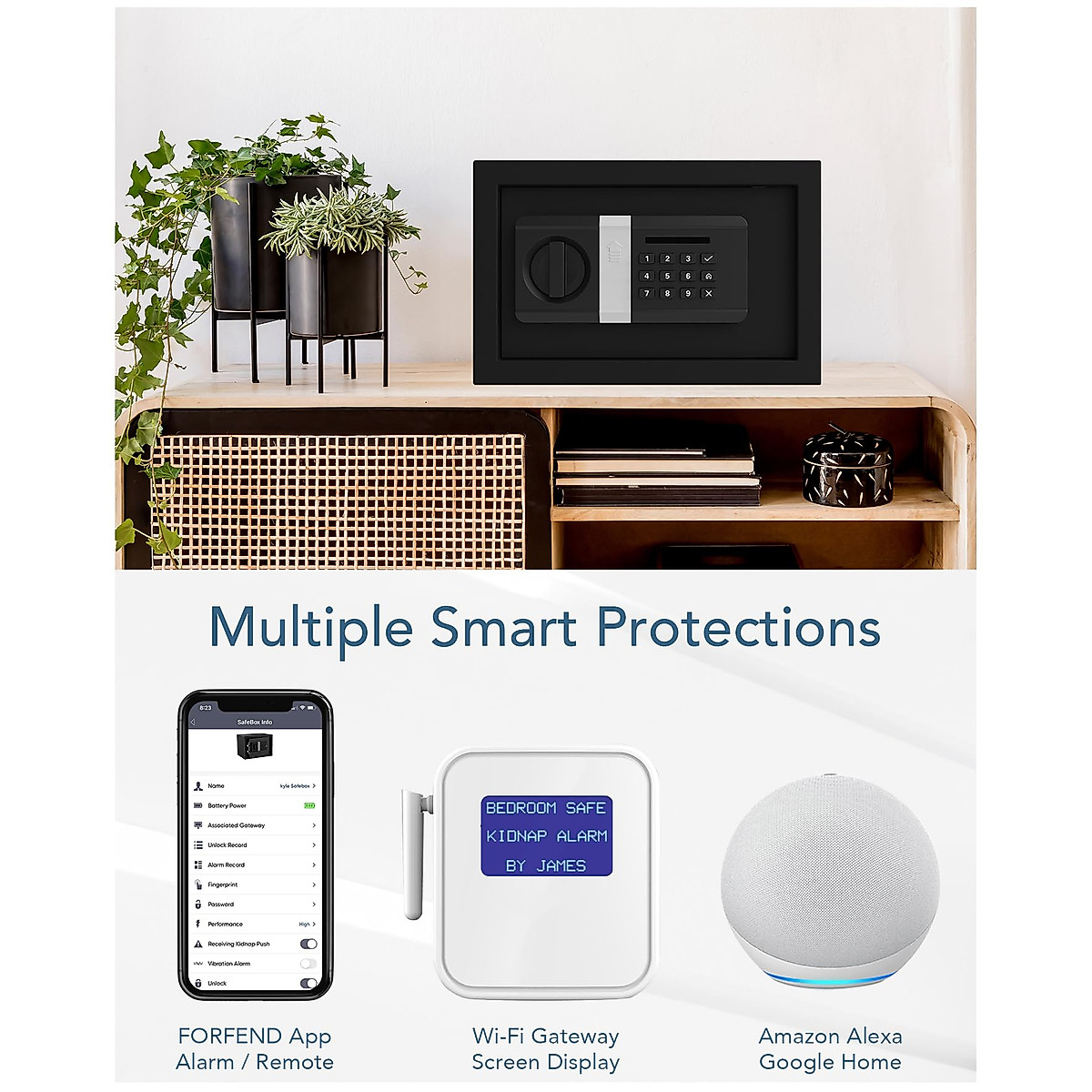 FORFEND Smart Home Safe | App Control/Alert WiFi Safe Box | Kidnap Alarm, Tamper Detection, False Attempt Alarm | Alexa/Google Home | Predrilled Wall Mount | Money Safe for Cash Jewelry Handgun Safe