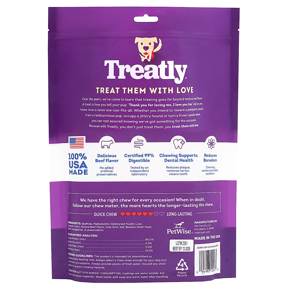 Treatly USA Beefhide Braids 7-8" Dog Chew Treats - Beef Flavor, 6 Count/1 Pack