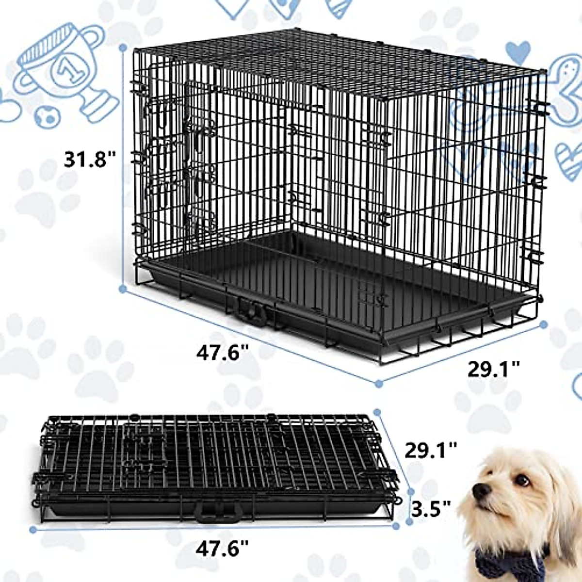48 Inch Dog Crates for Large Dogs with PP Leak-Proof Dog Pan,XL Double Door Folding Metal Pet Crate with 3 pcs Slide Bolt Latch，Animal Cage Indoor Outdoor Dog Kennel