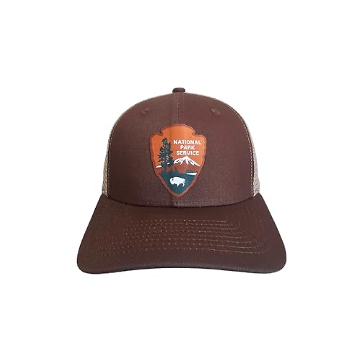 National Park Service Trucker mens Snapback Hat with National Park Service (NPS) Woven Patch (Brown on Khaki)
