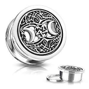Pierced Owl Antique Silver Plated Stainless Steel Crescent Moons and Star Centered Screw Fit Plug Gauges, Sold As Pair (10mm (00GA))