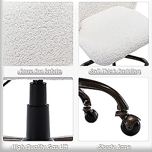HEAH-YO Modern White Computer Task Desk Chair with Wheels, Swivel Adjustable Vanity Chair Faux Fur Armless Office Chair for Teens Dorm Room Office