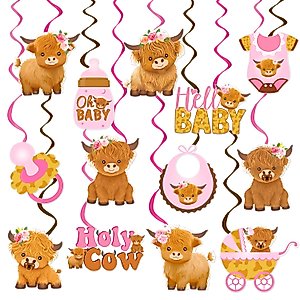 Highland Cow Baby Shower Hanging Swirls Holy Cow Baby Shower Decorations 20Pcs Highland Cattle Birthday Party Ceiling Hanging Decor Cow Party Streamers for Farm Animals Party Supplies