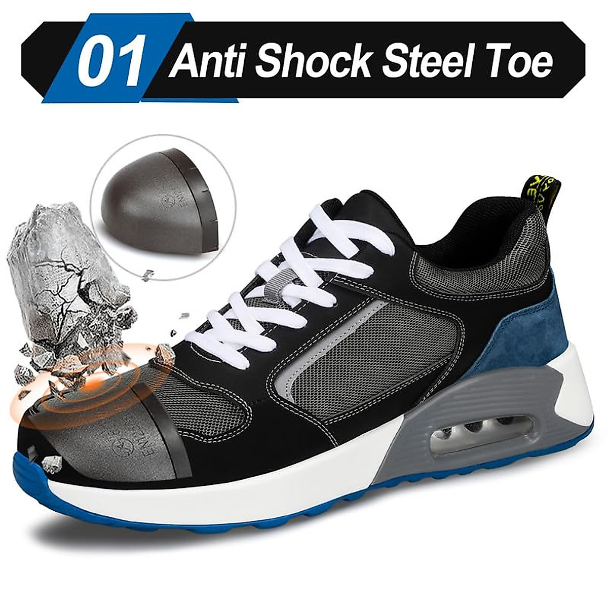 LAoutun Steel Toe Shoes for Men Women Slip Resistant Safety Shoes Lightweight Indestructible Shoes Puncture Resistant Steel Toe Work Shoes Black Blue Size 9.5