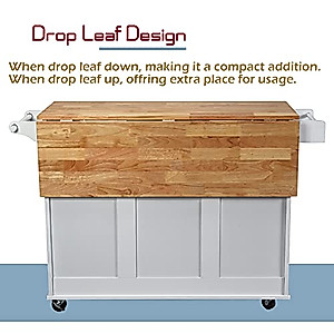 GLACER Kitchen Island Cart on Wheels, Rolling Kitchen Island with Drop Leaf Top, Kitchen Trolley Cart with Drawers, Towel Rack & Bottle Rack, 53.5 x 30 x 36 inches (White)