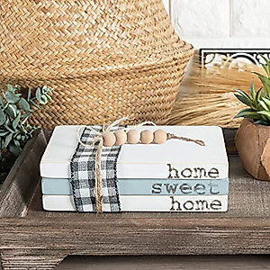 Wooden Rustic Decorative Books with Wood Bead Garland | Farmhouse Coffee Table Decor | Faux Fake Books for Living Room Kitchen End Table & Bookshelf Wall Decorations | Home Sweet Home Sign - Blue
