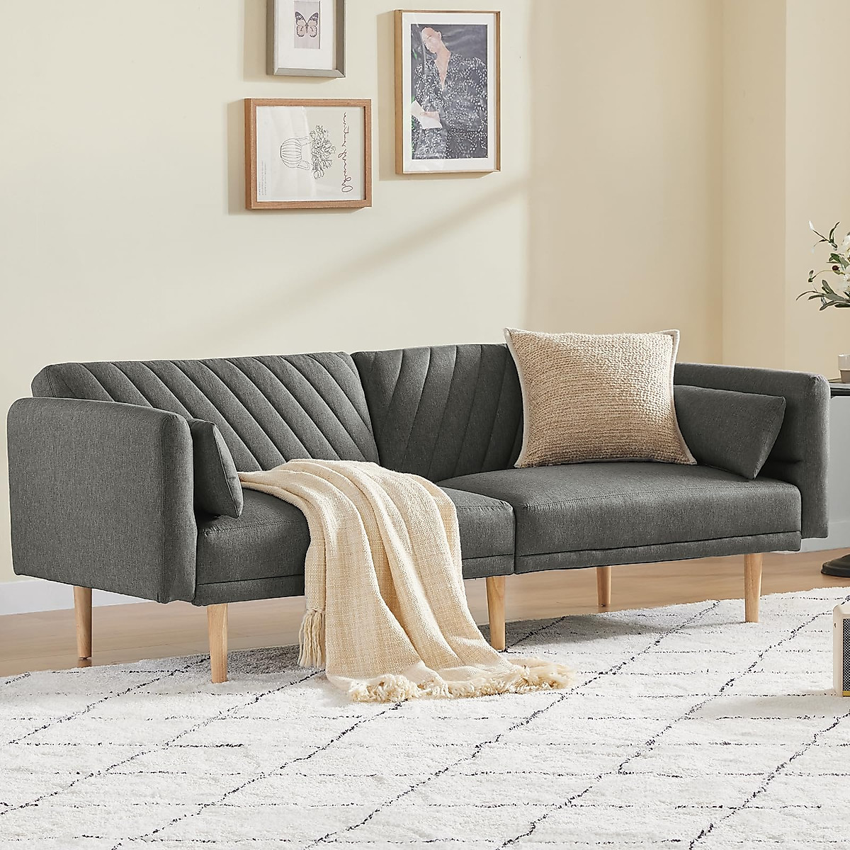 WILLOVE Futon Sofa Bed, 78" Modern Futon Couch, 3 Seater Folding Bed Tufted Couch with Adjustable Backrests and Armrest, Solid Wood Legs for Living Room, Bedroom, Small Room, Gray