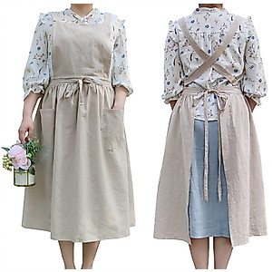 Cute Retro Cotton Linen X-Back Aprons Home Kitchen Garden Art Painting Pinafore Florist Shop Overalls (Beige, 39L)
